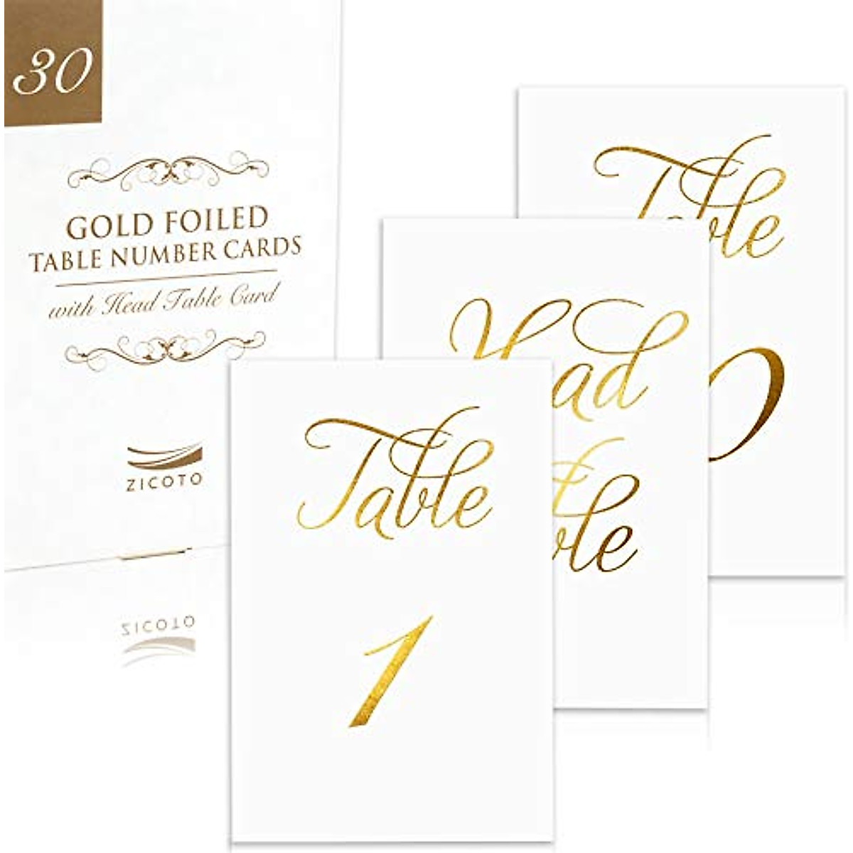 Gorgeous Wedding Table Numbers - Elegant Double Sided Gold Foil Lettering with Head Table Card - 4 x 6 inches and Numbered 1-30 - Perfect for Weddings and Events