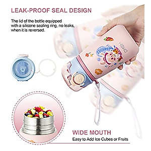 TKK Kids Insulated Water Bottle 16 oz Double Wall Vacuum Stainless Steel Thermos with Leak Proof Straw Lid & Strap Handle & Sticker (Pink)