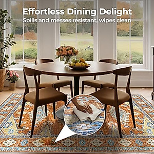 Kokia Area Rugs Living Room 9x12 Ultra-Thin Washable Orange Large Area Rug Dining Room Geometric Tribal Distressed Lightweight Foldable Carpet for Dining Room Home Office, Solani Orange-1