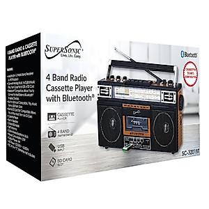 Supersonic SC-3201BT 4 Band Radio & Cassette Player Boombox, Bluetooth Speaker, AM/FM/SW Radio with MP3 Playback, USB & SD Card, 3 Band EQ and Earphone Jack