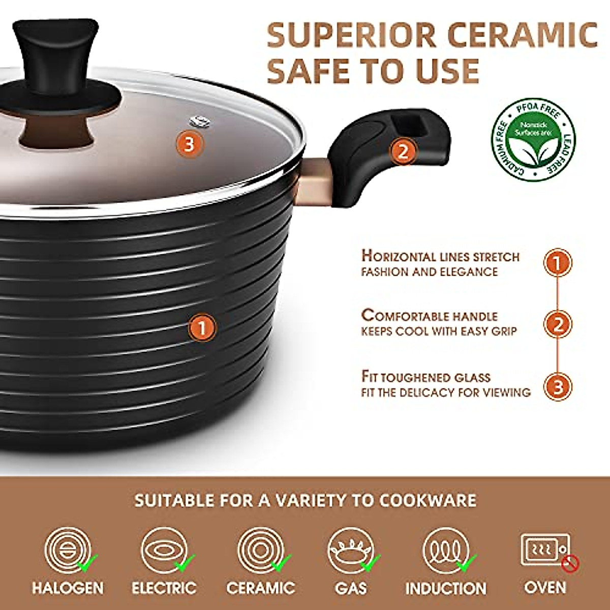 Pots and Pans Sets, Nonstick Cookware Set, Induction Pan Set, Chemical-Free Kitchen Sets, Saucepan, Frying Pan, Saute Pan, Black, 9 Pieces