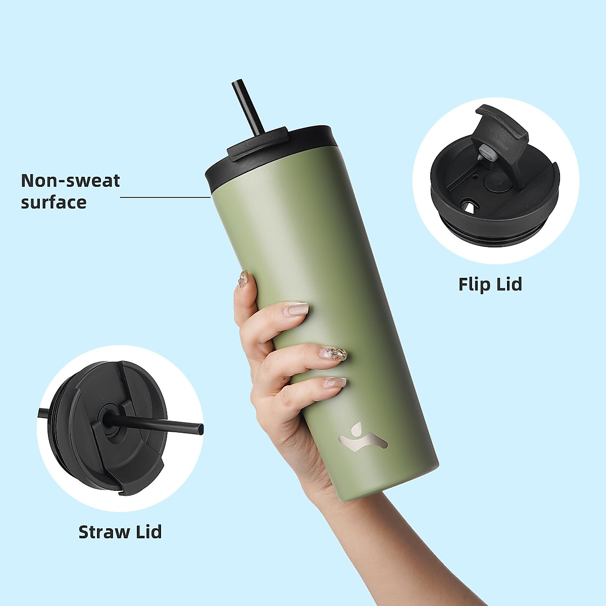 Konokyo 26 OZ Insulated Tumbler with Lid and 2 Straws Stainless Steel Water Bottle Vacuum Travel Mug Coffee Cup,ArmyGreen