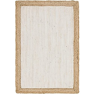 Unique Loom Braided Jute Collection Classic Quality Made Natural Hand Woven with Solid Color Detail, Area Rug, Rectangular 4' 0" x 6' 0", White/Beige