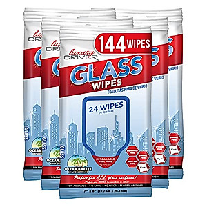 Car Glass Cleaner Wipes for Car interior Cleaning for Glass Wipes for Car Windows for Windshield for Glasses or Mirrors, Kitchen, Home and Auto by Luxury Driver - Ocean Breeze (6 Resealable Packs)
