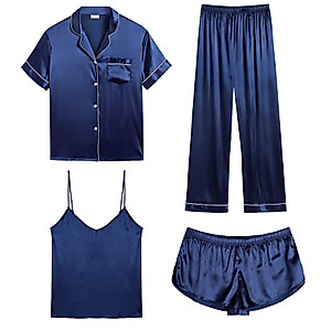 SWOMOG Womens Silk Satin Pajamas Sets 4pcs Sleepwear Sexy Cami Shorts Set and Button Down Short Sleeve Pjs Loungewear Navy Blue Medium