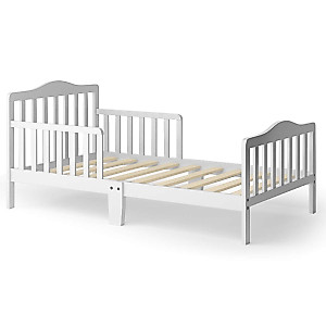 HONEY JOY Toddler Bed Frame, Solid Rubber Wood Frame w/Safety Guardrail, Fits Crib Full Size Mattress (Not Included), Children Classic Sleeping Bedroom Furniture for Kids Boys Girls (White)
