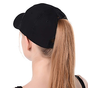 Muryobao Womens Ponytail Baseball Cap Messy High Bun Ponycap Adjustable Snapback Summer Sun Hat Plain Trucker Dad Hat Cotton Black