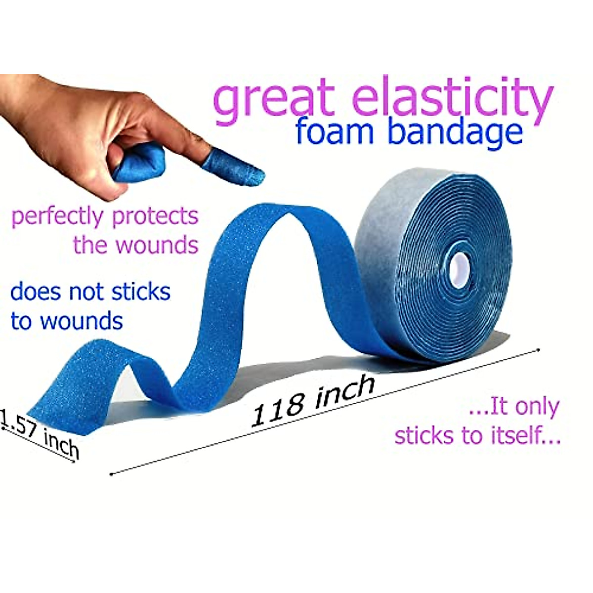 Czenano Fingertip Bandages & Knuckle Bandages & Toe Bandages & Bandaids for Thumbs - Latex Free Bandaid - Finger Bandages for Cracked Fingers - Elastic (1.57 Inch Width x 118 Inch Length) (Blue)