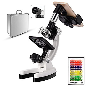 Microscope Kit 300X-600X-1200X Microscope Metal Body LED/Mirror Light Source with Carrying Alloy Storage Box Microscope Lens Adapters (Color : Set One, Magnification : 300X-600X-1200X)