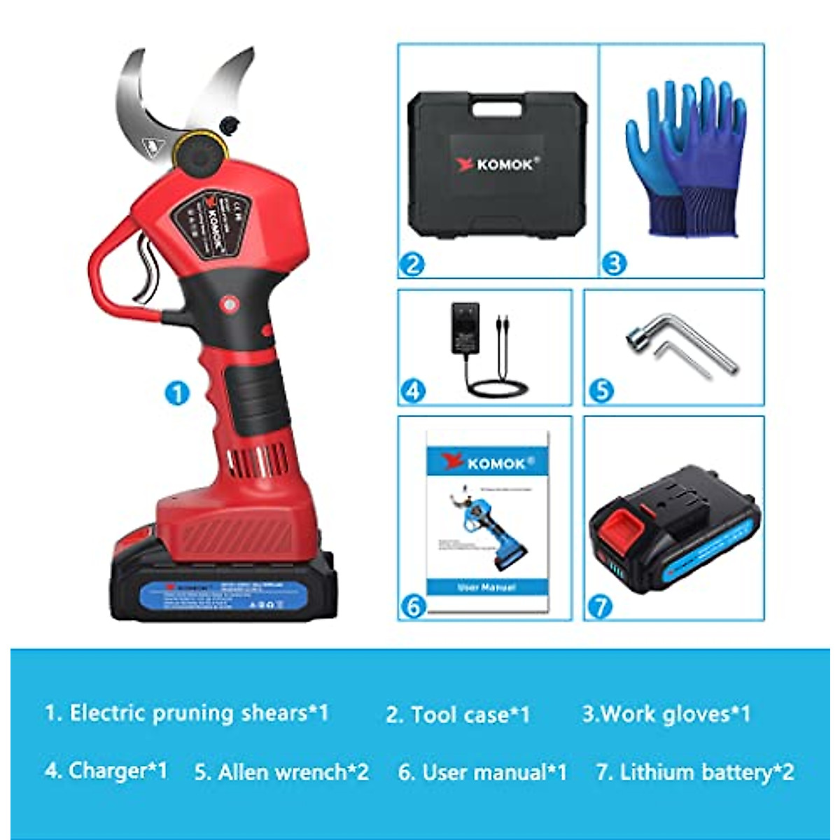 KOMOK Electric Pruning Shears, Professional Cordless Pruning Shears with 2PCS Backup Rechargeable 2Ah Battery Powered Tree Branches Pruner, 30mm 1.2" Cutting Diameter, 6-8 Working Hours