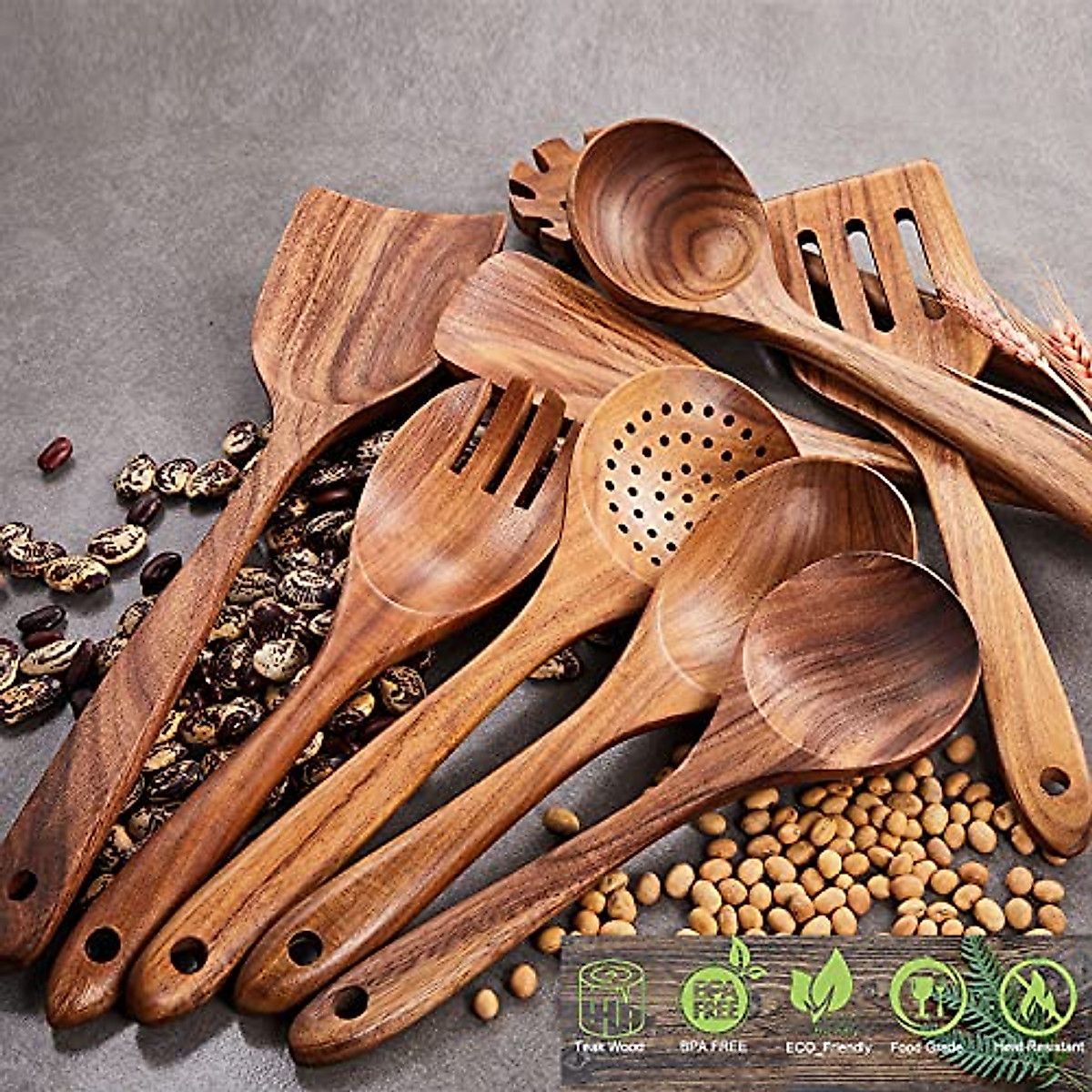 Wooden Kitchen Utensils Set,GUDAMAYE 9 PCE Wooden Spoons for Cooking,Wooden Cooking Utensils,Natural Teak Wooden Spoons For Non-stick Pan