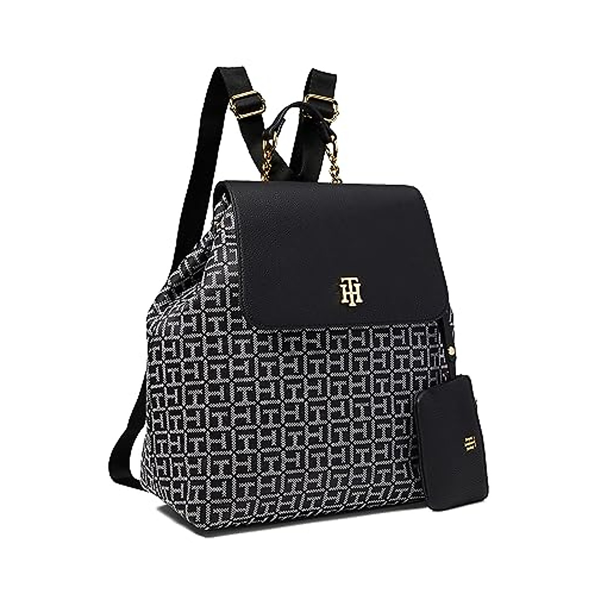 Tommy Hilfiger Maxine II Flap Backpack w/Hangoff Square Monogram Jacquard Black/White One Size