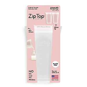 Zip Top Reusable 100% Silicone Breast Milk Storage Bags That Stand Up Stay Open and Zip Shut, Made in The USA - Set of 2 Bags
