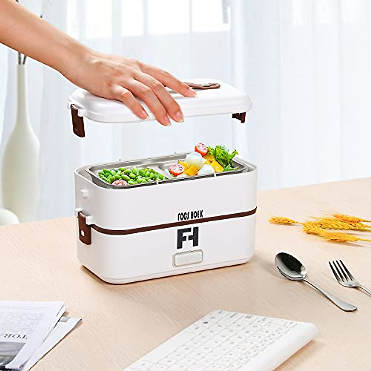Focs Hoek Electric Lunch Box, Portable Heating Electric Lunch Box, 0.8L/110V With Spoon and Fork Insulation Bag, Suitable for Home School Office Workplace Travel(ONLY THE WALL PLUG) (White)