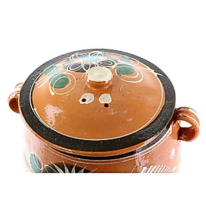 Thaweesuk Shop New Olla De Barro Frijolera w/Lid 3.5 Quarts Canterito Cazuela Traditional Floral of Set