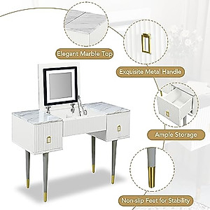 Melpomene Vanity Desk Set with LED Lighted Mirror & LED Light,Makeup Vanity Table Set with 2 Drawers,White and Gray