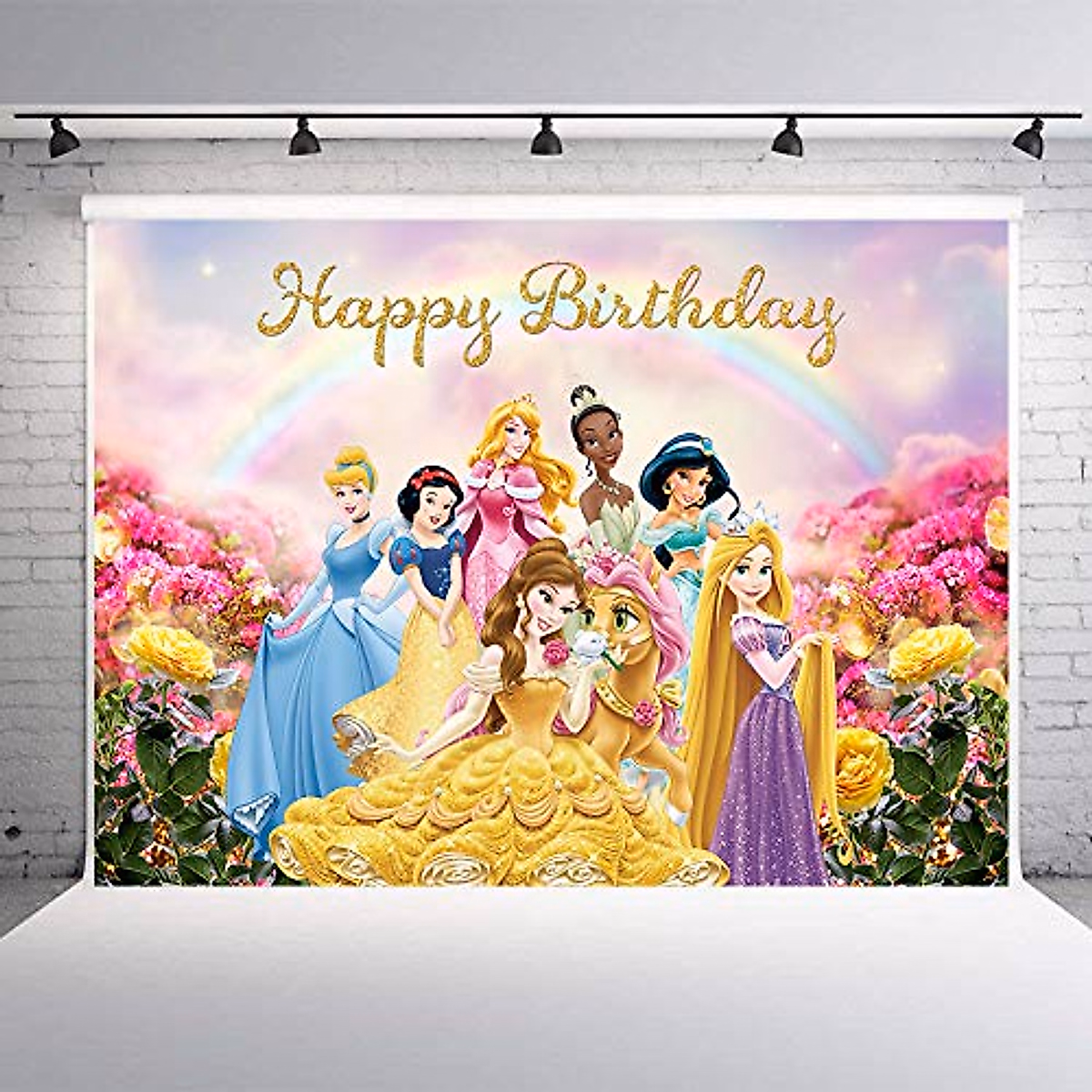 BWW Princess Happy Birthday Backdrop Colorful Rainbow Flowers Photo Backdrop Fairy Tale Little Girl Princess Birthday Party Background Multicolor Glitter Photography Background 5x3ft