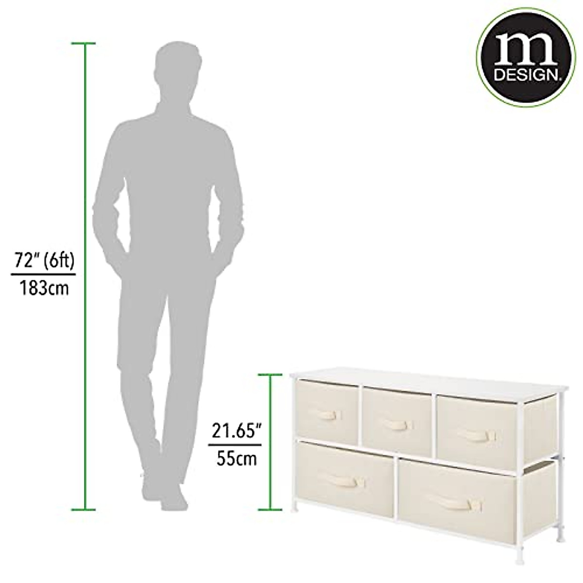 mDesign 21.65" High Steel Frame/Wood Top Storage Dresser Furniture Unit with 5 Removable Fabric Drawers - Wide Bureau Organizer for Bedroom, Living Room, Closet - Jane Collection, Cream/White