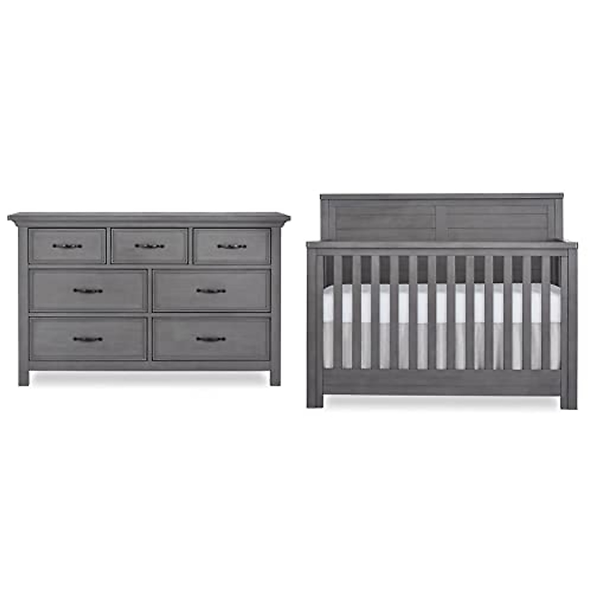 Evolur Belmar Double Dresser in Rustic Grey, 54x20.25x33 Inch (Pack of 1) & Belmar Flat 5-in-1 Convertible Crib in Rustic Grey, Greenguard Gold Certified
