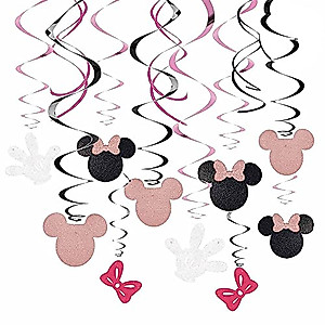Minnie Happy Birthday Hanging Swirl Decorations, Ceiling Streamers Mini Mouse Birthday Party Supplies, Dumbo Decorations Party Favors for Kids Girls Glitter Rose Gold, Black and White Decor