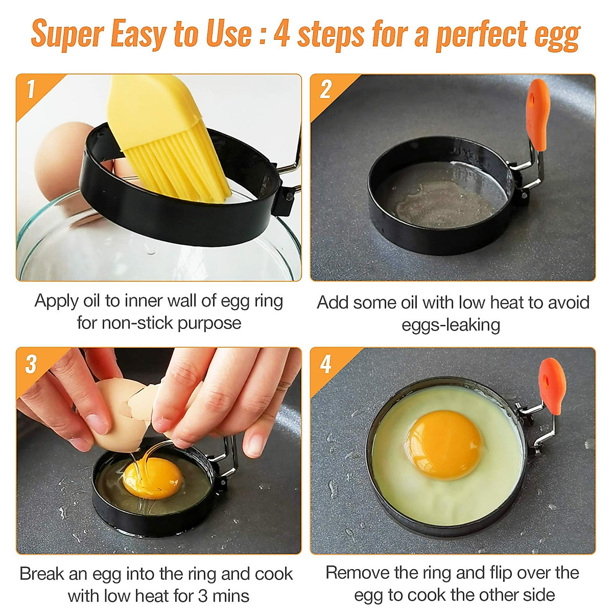 Egg Rings Combo Set 3 Packs in 3 Sises for Frying，Round Egg Rings Mold with Fold-up Stainless Steel Handle and an Oil Brush，Nonstick Leak-Proof and Anti-Scald for Frying Eggs.（3+3.6+4 inch）