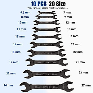 YIYEIE Super-Thin Open End Wrench Set, 10-Piece Metric, 5.5, 7, 8, 9, 10, 11, 12, 13, 14, 15, 16, 17, 18, 19, 20, 21, 22, 23, 24, 27 mm, Nickel Coating, CR-V Steel, Slim Wrench with Rolling Pouch