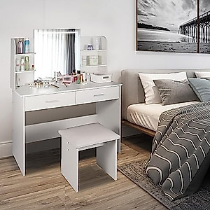 ALAPUR Makeup Vanity with Lights, Vanity Desk with 2 Drawers and 6 Storage Shelves, Cushioned Stool,3 Lighting Colors,White