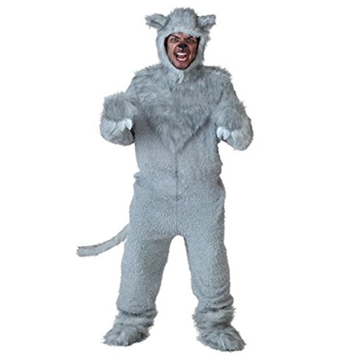 Fun Costumes Adult Wolf Halloween Costume | Faux Fur Polyester Jumpsuit With Attached Mitts And Tail Standard