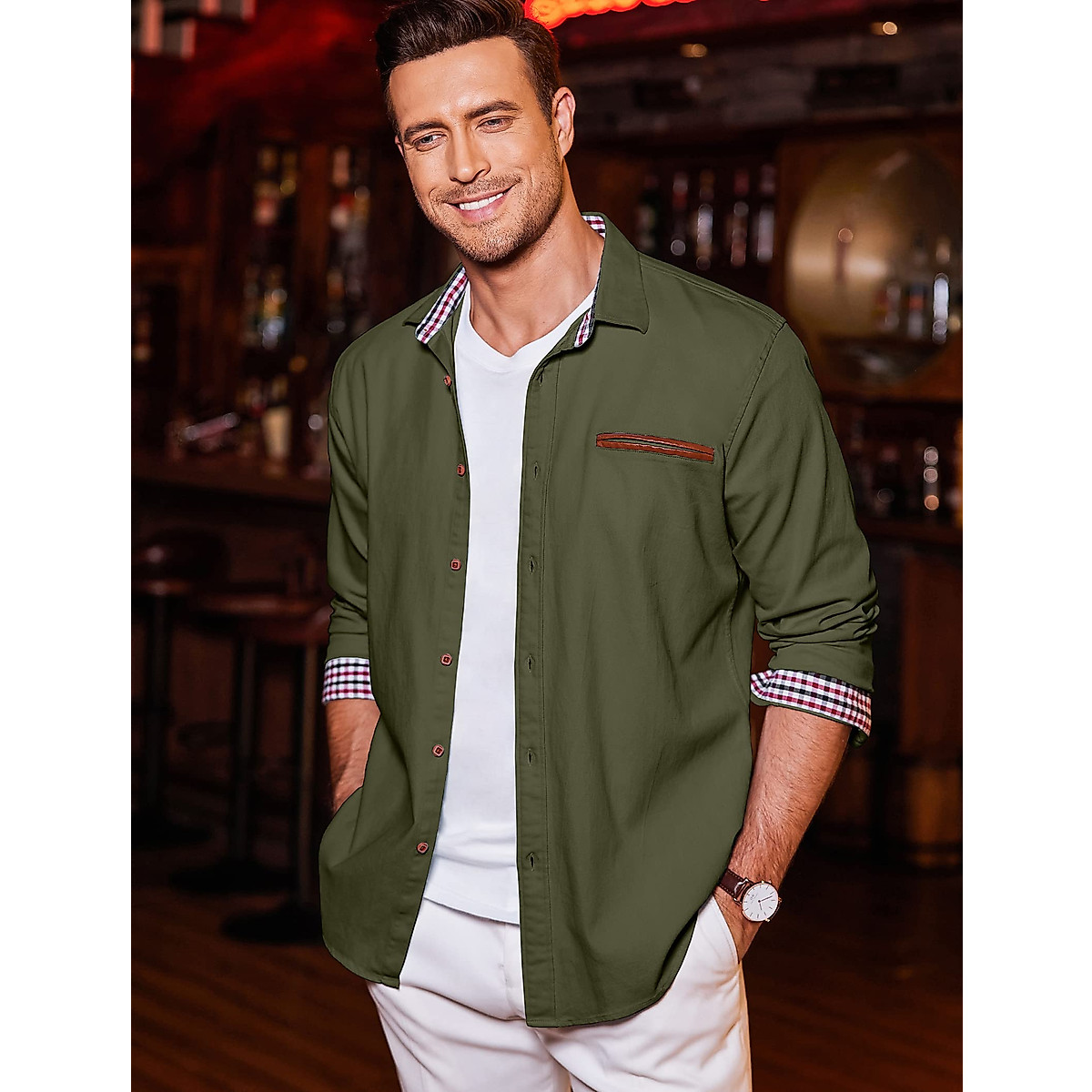 COOFANDY Mens Casual Button-Down Shirt Western Dress Type 01 - Army Green Large Long Sleeve