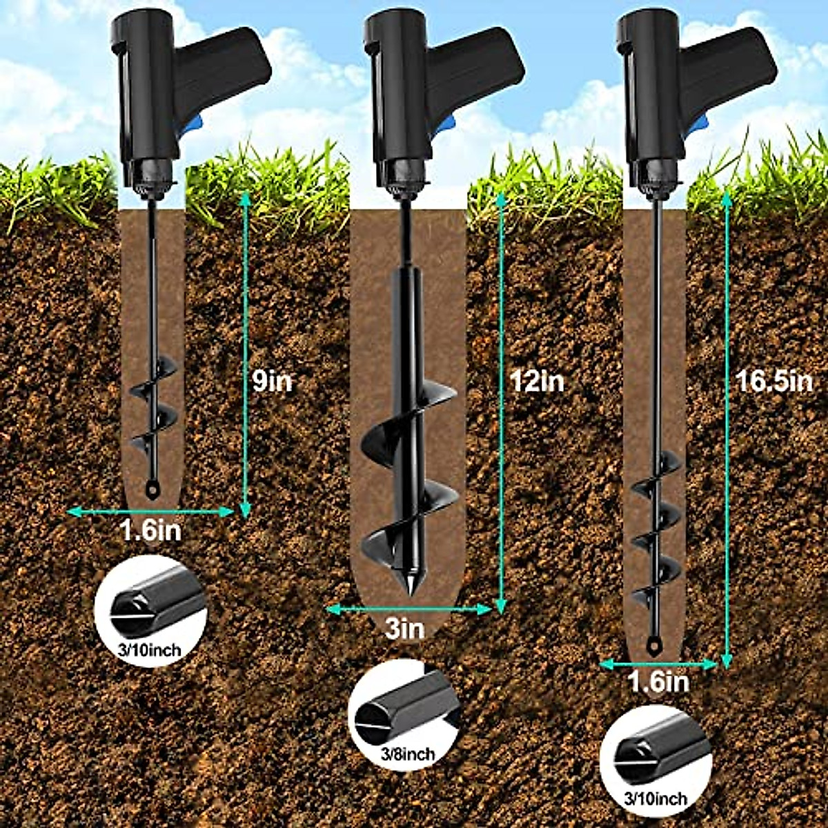 Auger Drill Bit for Planting Garden Auger Spiral Drill Bit Post Hole Digger Bulb Planter Tool 1.6"X9" 3"X12" and 1.6"X16" for Bulb Planting, Hole Digger, Tulip Bulbs and Umbrella Holes