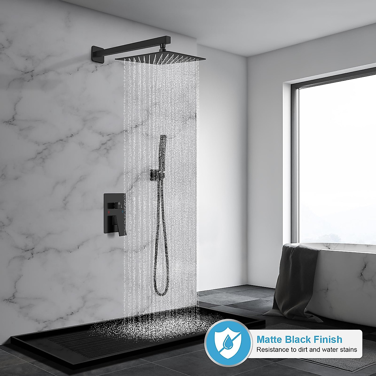 Baetuy Black Shower Faucet Set, Rainfall Shower System with Rain Shower Head and Handle Set, Wall Mounted Shower Fixtures With Shower Valve and Trim Kit 10 inch Matte Black