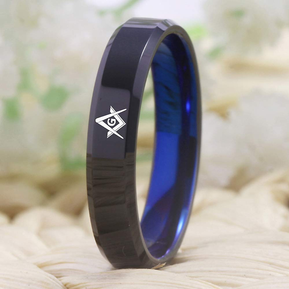 Masonic Freemason Ring/Masonic Compass Square Ring - 4mm/6mm Black Bevel Polished Finished and Blue Inside Tungsten Carbide Ring-Free Customized Engraving (4mm Width, 11)