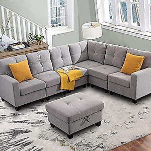 Convertible Sectional Sofa with Storage Ottoman 6 Seater L-Shaped Modular Modern Velvet Corner Couch for Living Room Apartment Office (Light Grey