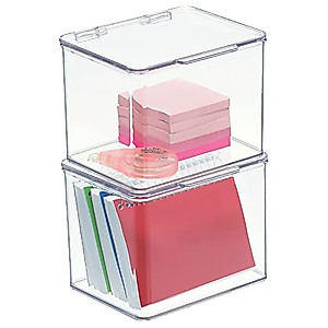 mDesign Small Plastic Home Office Storage Organizer Box Containers w/Hinged Lid for Desktops - Holds Pens, Pencils, Sticky Notes, Highlighters, Staples, Supplies - Lumiere Collection - 2 Pack - Clear