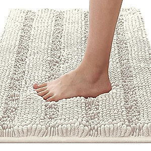 H.VERSAILTEX Bathroom Rugs Bath Rugs for Bathroom Non Slip Bath Mats Extra Thick Chenille Striped Rug 17" x 24" Absorbent Soft Shaggy Washable Dry Fast Bath Mats for Bathroom Floor - Ivory