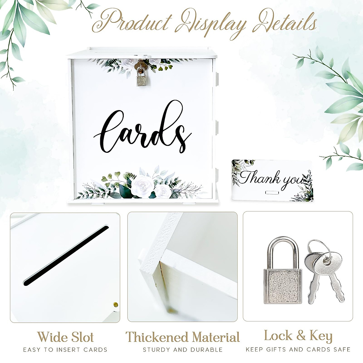 CYAOOI White Wedding Card Box with Lock, PVC Party Card Box for Wedding Reception, Floral Wedding Money Envelope Gift Card Holder Box for Graduation Birthday Baby Shower Decorations