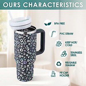 PIMDIR 40oz Leopard Tumbler with Handle Straw Lid, Stainless Steel Vacuum Insulated Reusable Travel Mug Keep Drinks Cold Ice Gym Cup, Gifts for Women Lovers, Car Holder Friendly, Gray