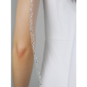 2T 2 Tier Silver Pearl Crystal Beaded Veil - Light Ivory Fingertip Length 36" V485