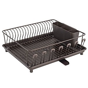 mDesign Alloy Steel Sink Dish Drying Rack Holder with Plastic Swivel Spout Drainboard Tray - Dish Rack/Dish Drainer Storage Organizer for Kitchen Counter - Concerto Collection, Bronze