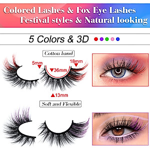 Colored Lashes Wispy Cat-Eye Fox-Eye Festival Lashes Colorful False Eyelashes with Color on end Cosplay Decorative Red green Fluffy Lash Extensions Glitter 3D 5 Colors Faux Mink Lashes by Boahankuke