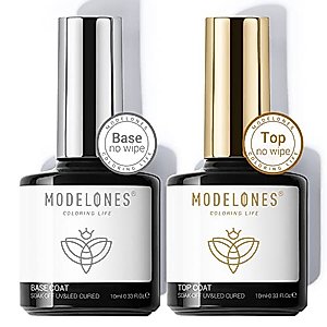 modelones Gel Top Base Coat Set 2 Pcs Gel Nail Polish No Wipe Gel Clear Top Coat Nail Lamp Need Long Lasting Shiny 10ml Gifts for Women