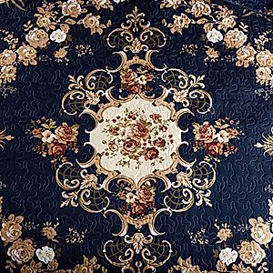 LAMEJOR Quilt Set Queen Size Retro Floral Pattern Medallion Style 3-Piece Reversible Luxury Soft Comforter Set Bedspread Coverlet Set Microfiber Dark Blue