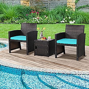 Tangkula 3 Pieces Outdoor Wicker Bistro Set with Waterproof Cover, 2 Patio PE Rattan Cushioned Chairs with Side Storage Table, Suitable for Front Porch, Balcony, Garden, Poolside and Yard (Turquoise)