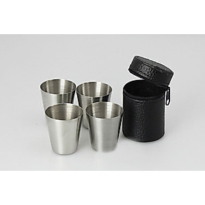 Yueton® Set of 4 Stainless Steel Shot Cups Drinking Vessel with Black Leather Carrying Case (30ml)