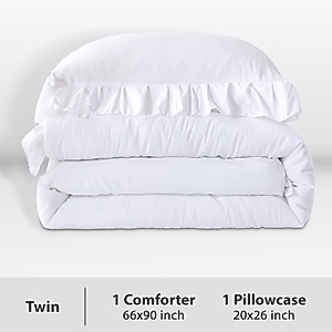 Andency White Comforter Twin Size, 2 Pieces Solid Farmhouse Shabby Chic Ruffle Bedding Comforters & Sets, All Season Soft Lightweight Fluffy Bed Set for Kids Girls Teens