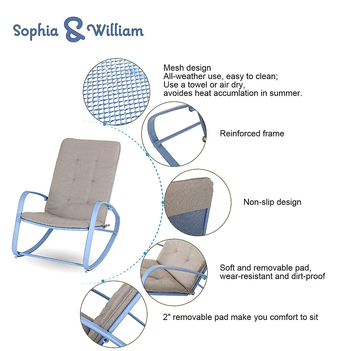 Sophia & William Outdoor Patio Rocking Chair Padded Steel Rocker Chairs Support 300lbs, Blue