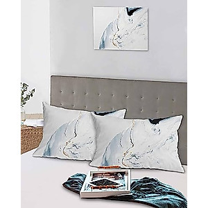 Navy Blue Marble Pillow Covers Standard Size Set of 2 Bed Pillow, Modern Yellow Lines Abstract Art Aesthetics Plush Soft Comfort for Hair/ Skin Cooling Pillowcases with Envelop Closure 20''x26''