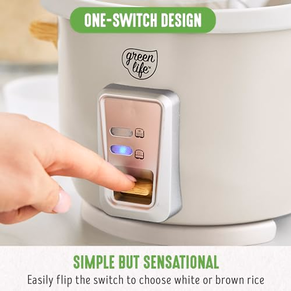 GreenLife 6-Cup Rice Cooker Steamer, PFAS Free Removable Ceramic Nonstick Pot, Auto Presets, Wood Print Handle, Keep Warm Function, One Touch Design, Dishwasher Safe, Measuring Cup, Rice Paddle, Cream