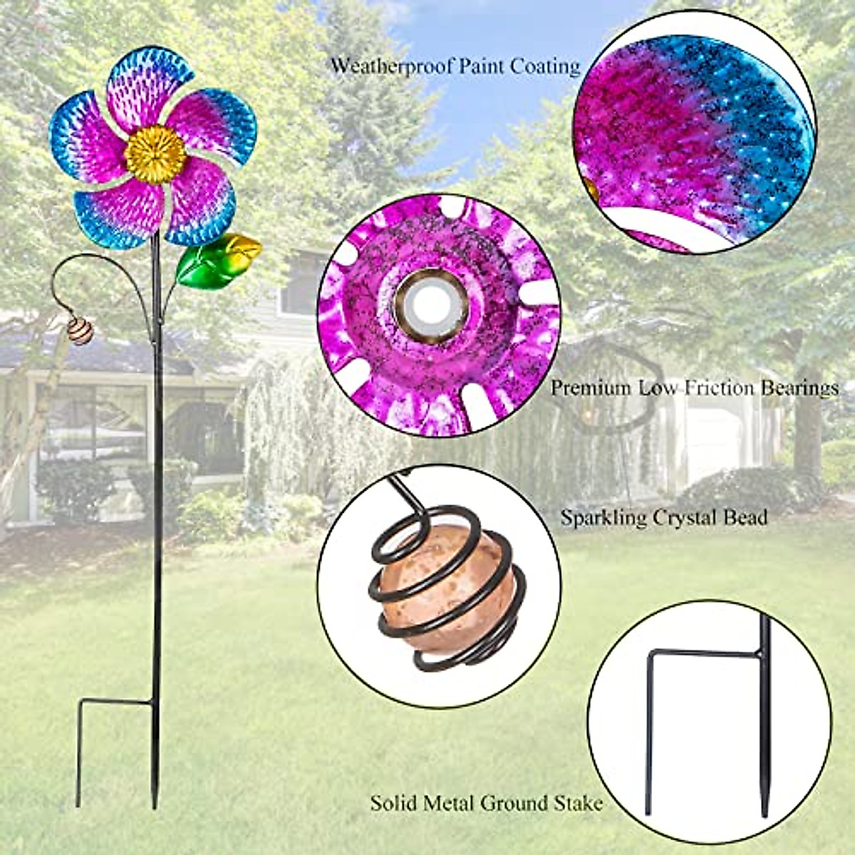 Viveta 2 Pack Wind Spinners with Metal Stake, 28.7 inches Outdoor Garden Pinwheels Spinners Purple Flower Shape Design for Yard Lawn Patio Decor