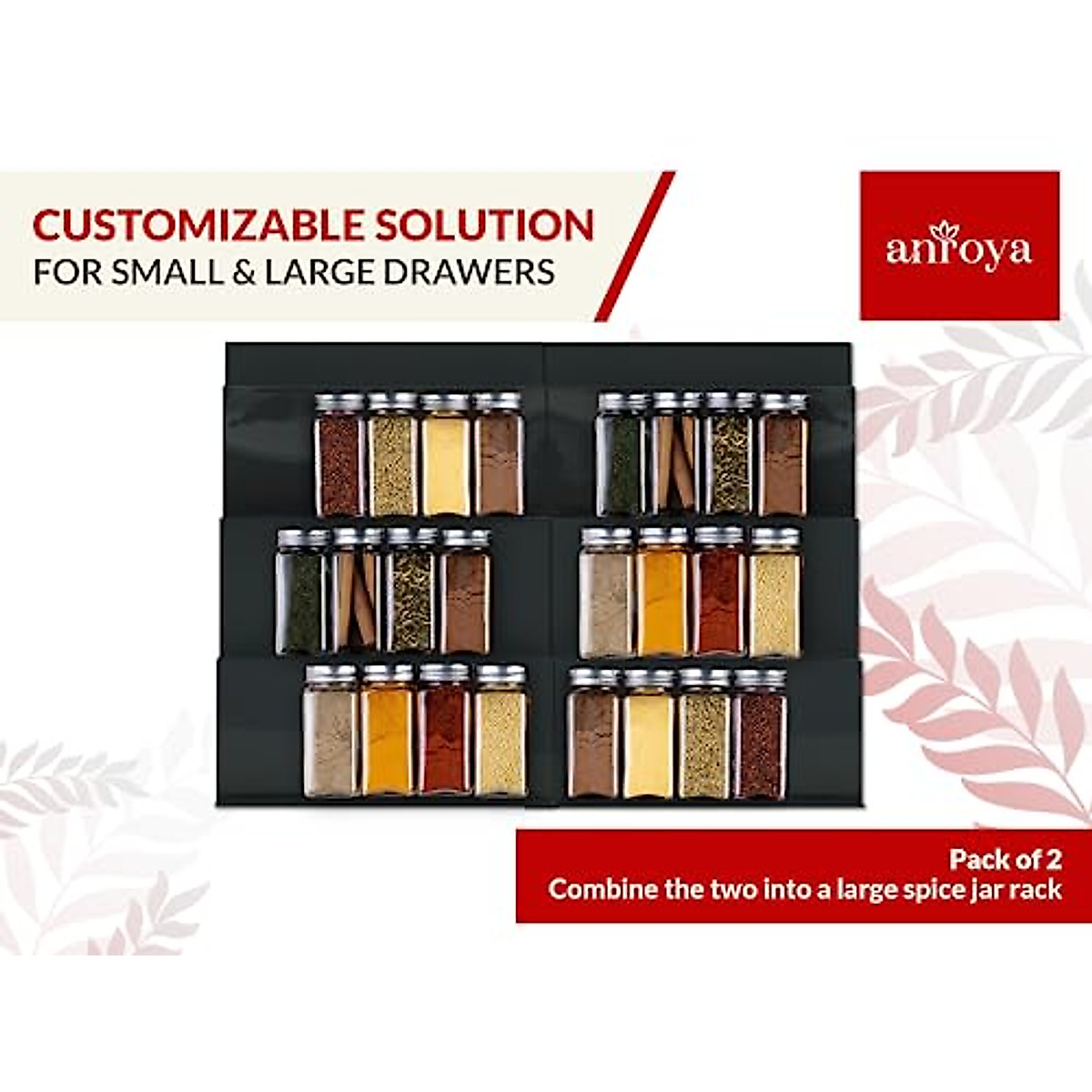ANROYA - Spice Organizer Set - Spice Drawer Organizer with 4 Spice Racks - Modern Seasoning Organizer - Kitchen Spice Cabinet Drawer Storage